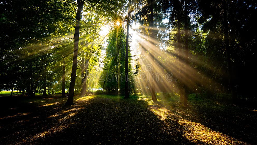 Forest Sunlight Rays through Trees Stock Photo - Image of jungle ...