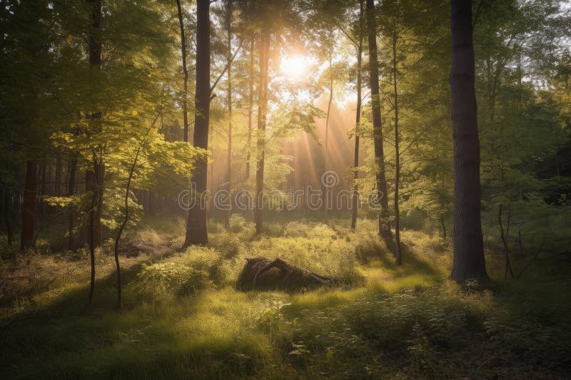 Forest in a Sunlit Clearing Surrounded by Trees Stock Illustration ...