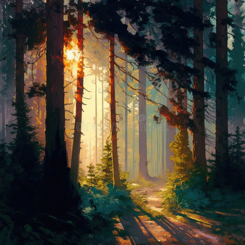 Forest at the Sunrise Oil Paints Illustration Design Art Stock ...