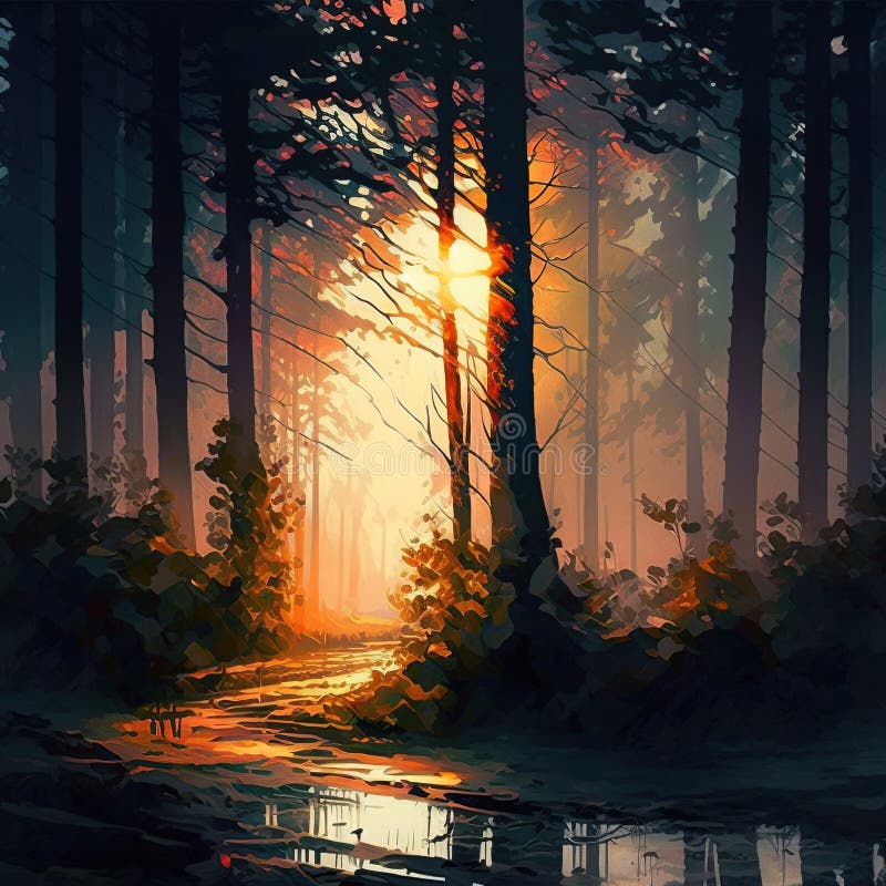 Forest at the Sunrise Oil Paints Illustration Design Art Stock ...