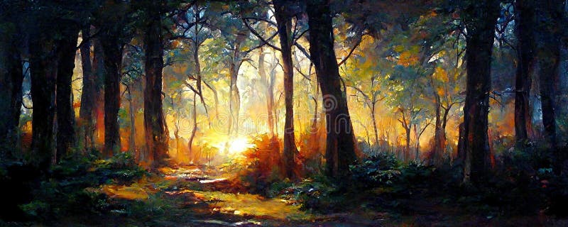 Forest at the Sunrise Oil Paints Illustration Design Art Stock ...