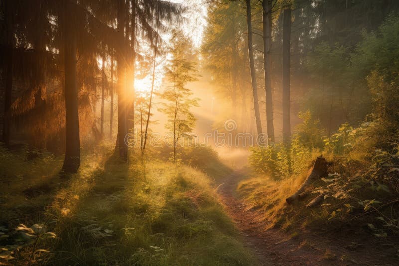 Forest at Sunrise, with Rays of Sunlight Illuminating the Trees Stock ...