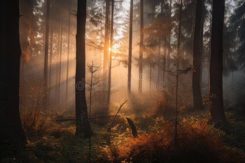 Forest at Sunrise, with Rays of Sunlight Illuminating the Trees Stock ...