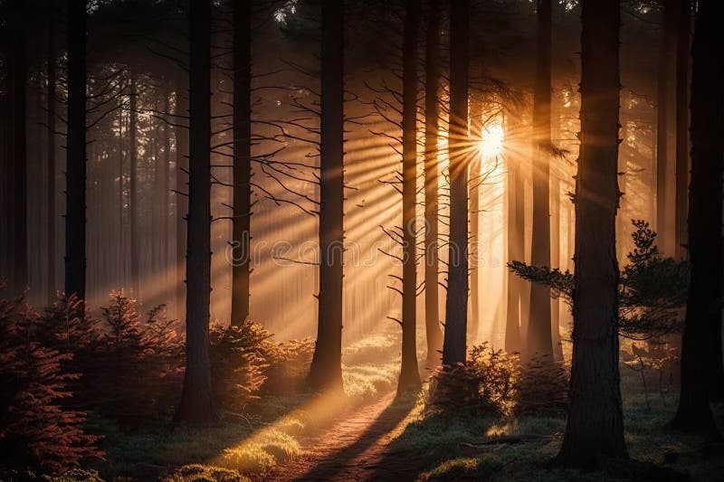 Forest at Sunrise with Rays of Warm Light Shining through the Trees ...