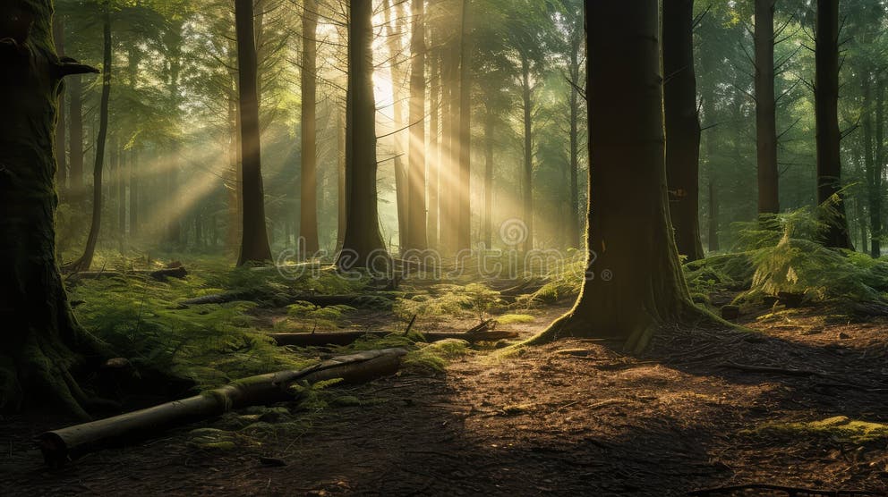 Forest Sunrise through Trees Stock Illustration - Illustration of ...