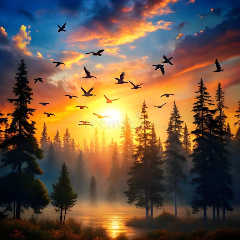 Sunset Whispers a Tranquil Forest Landscape with Flying Birds Stock ...