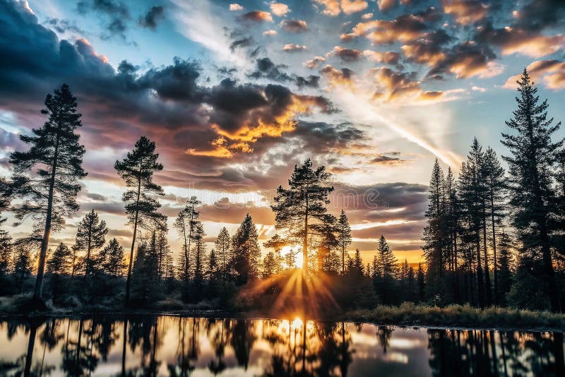 Forest Sunset Reflections on Calm Pond Stock Illustration ...