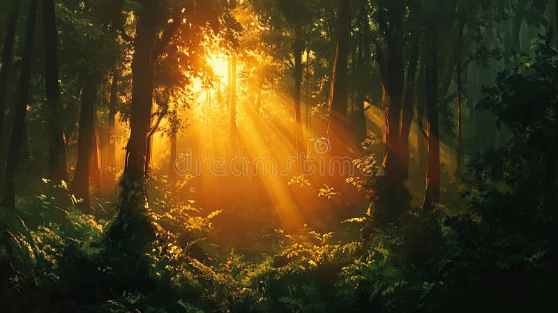 Forest at Sunset with Warm Sunlight Peeking through the Trees. Stock ...