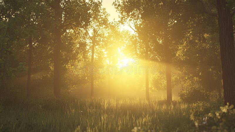 Forest at Sunset with Warm Sunlight Peeking through the Trees. Stock ...