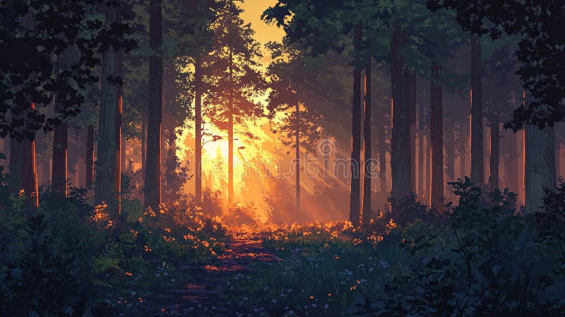 Forest at Sunset with Warm Sunlight Peeking through the Trees. Stock ...