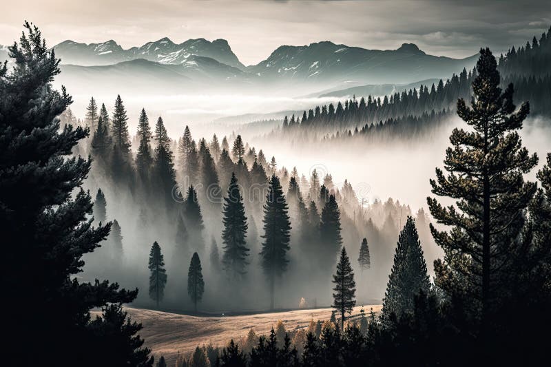 Forest Surrounded by Low-lying Fog, with Mountains Appearing in the ...