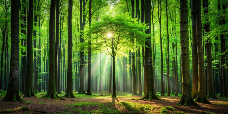 A Forest with Tall Dark Trees and a Single Tree with Bright Green ...