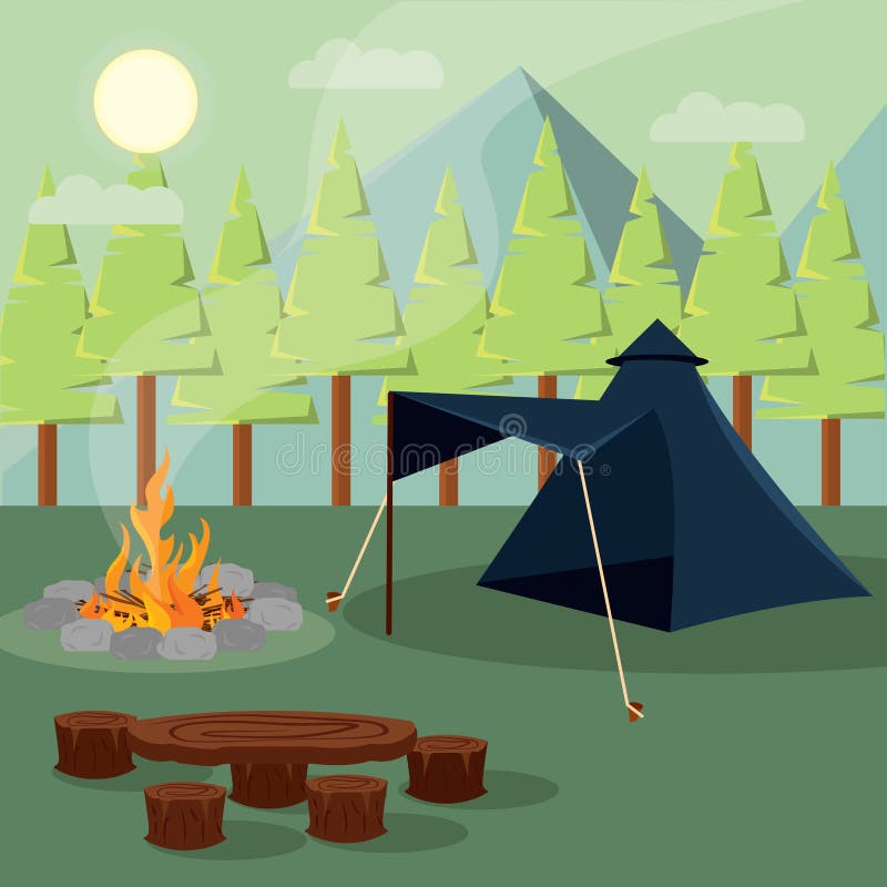 Forest Tent and Fire Pit. Vector Stock Vector - Illustration of ...