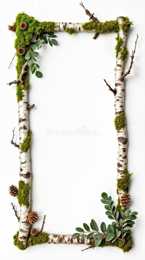 Forest-Themed Rustic Birch Branch Frame with Moss and Pine Cones on ...