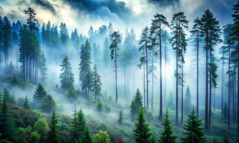 A Thick Fog Enveloped the Trees in the Forest Stock Image - Image of ...