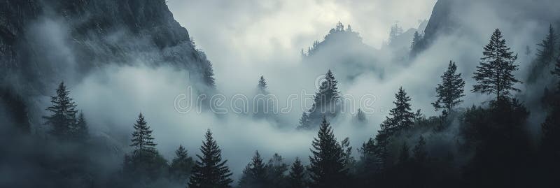 Forest with Thick Fog Rolling between Tall Trees Stock Illustration ...