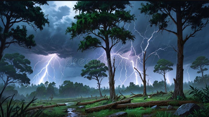 Forest Thunderstorm with Lightning Strikes Stock Illustration ...