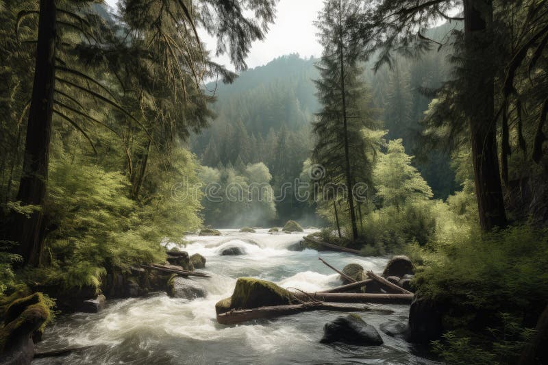 Forest with Towering Trees and Rushing River in the Background Stock ...