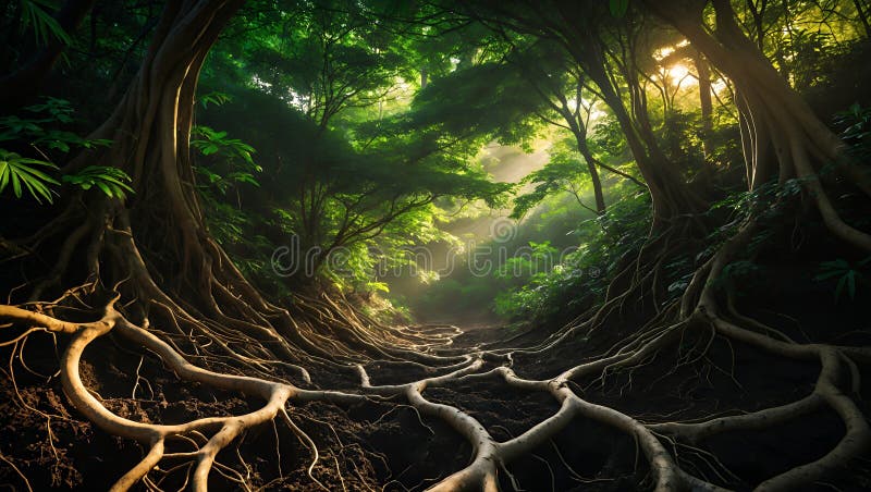 Enchanted Forest Path: Sunlit Roots and Lush Greenery Stock ...