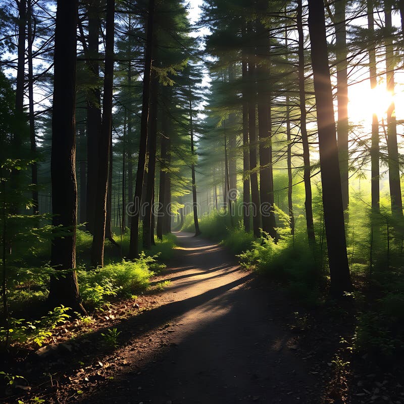 Forest Trail with Morning Sunlight Stock Illustration - Illustration of ...
