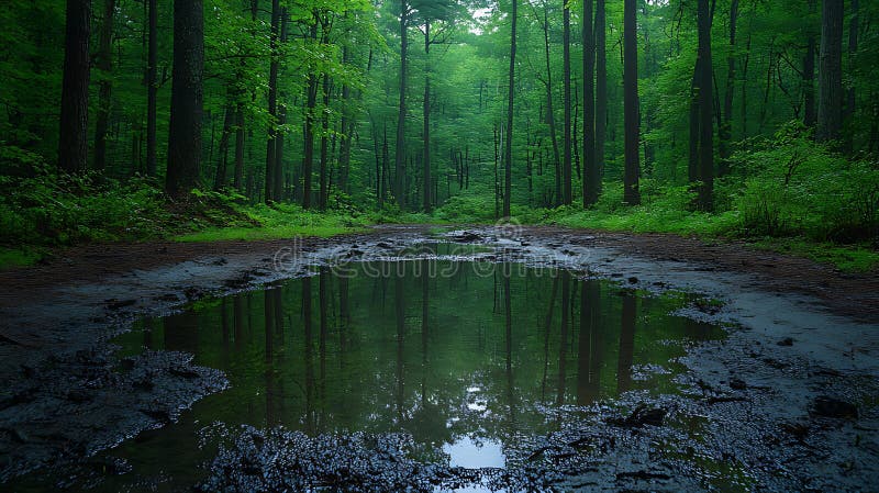 Forest Trail Puddle Reflection, Misty Woods, Nature Scene Stock Illustration - Illustration of ...