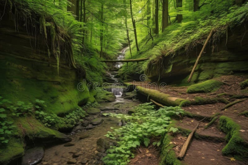 Forest Trail with Stream and Waterfalls Surrounded by Greenery Stock ...