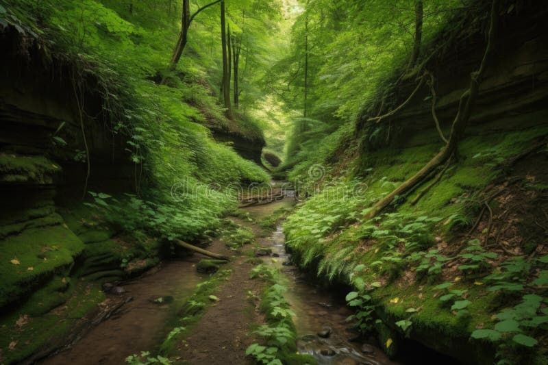 Forest Trail with Stream and Waterfalls Surrounded by Greenery Stock ...