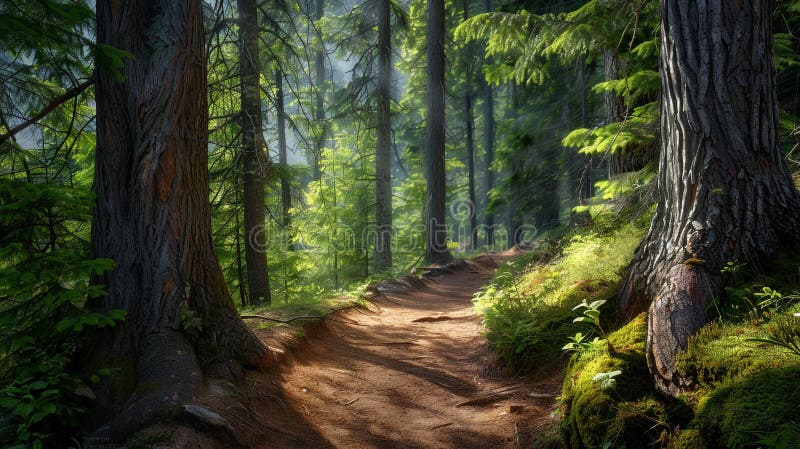 A Forest Trail with Towering Trees and Dappled Sunlight, Ideal for a ...