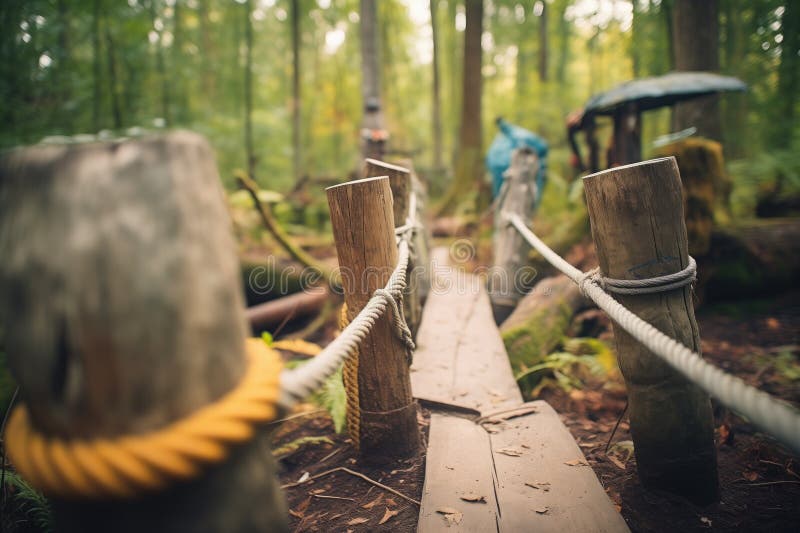 Forest Trail with Wooden and Rope Handrails Stock Image - Image of ...