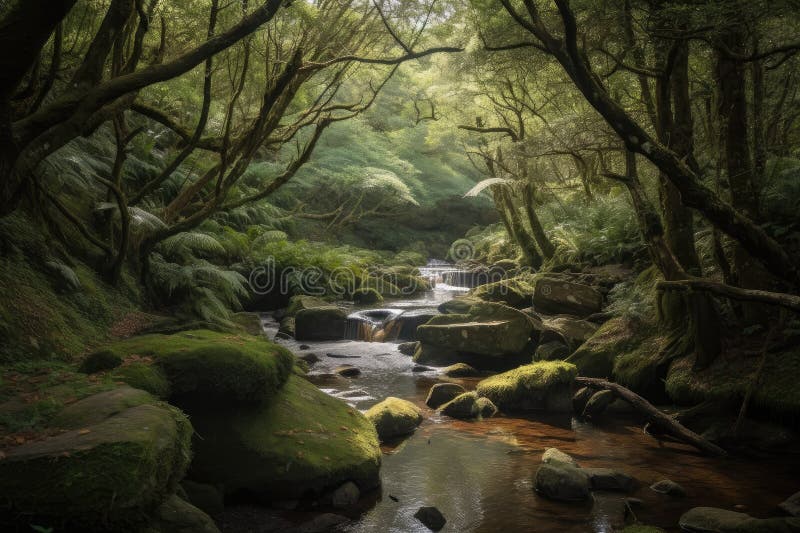 Forest and Tranquil Settings, with View of a Waterfall or Stream Stock ...