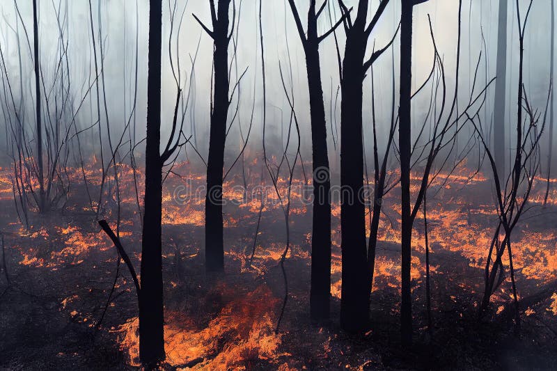 Forest Tree Devoured by Flames of Wildfire Natural Disaster. Effect of ...