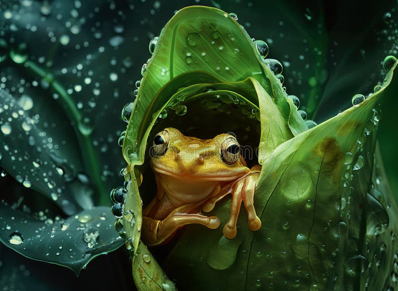 A Forest Tree Frog Under a Leaf in the Rain Stock Illustration ...