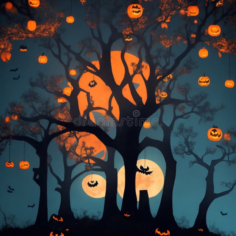 Forest Tree at Halloween Dark Night with Pumpkin. Stock Illustration ...