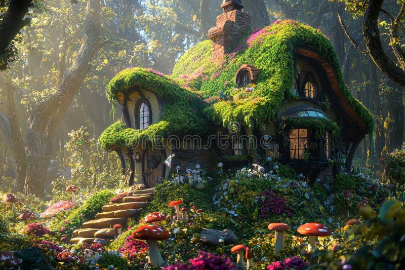 Forest Tree House at Night in a Fantasy Fairy Tale Setting Stock ...