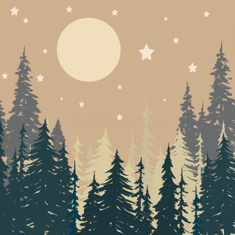 Forest Tree Midnight Moon and Star Stock Illustration - Illustration of ...