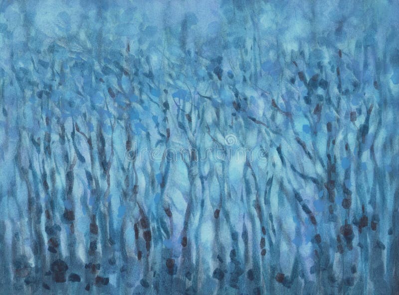 Forest Trees in Blue Twilight Watercolor Background Stock Image - Image ...
