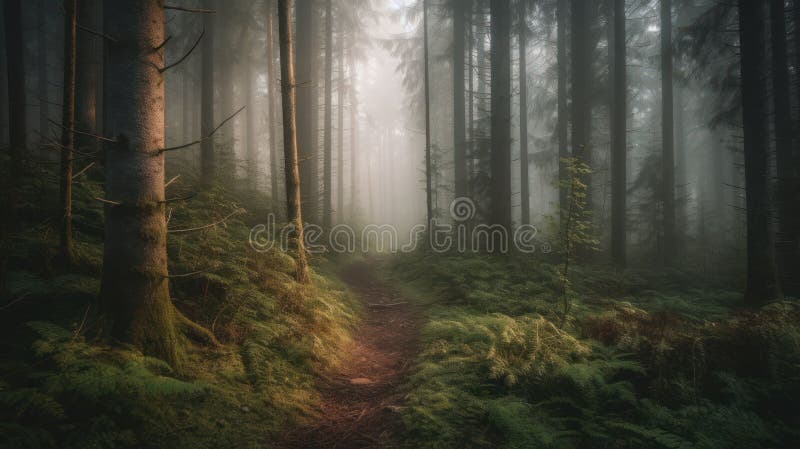Forest, trees and path stock illustration. Illustration of backlit ...