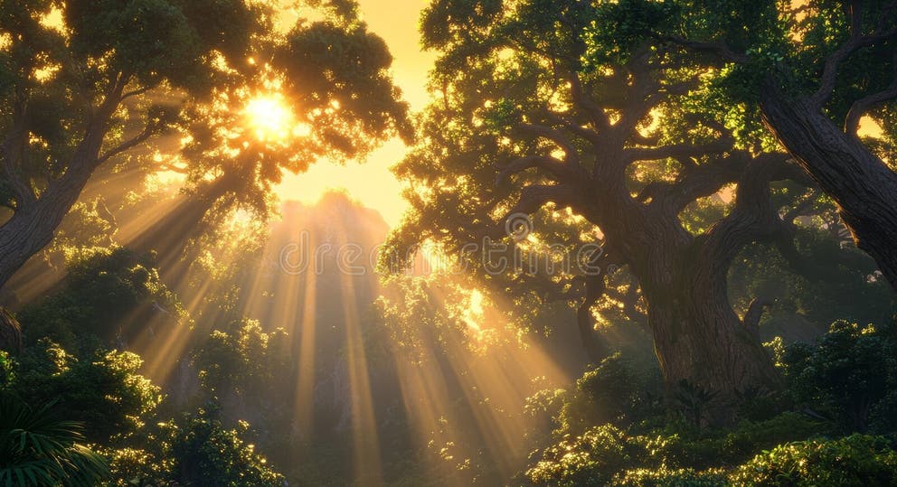 Forest Trees Under Sunlight Beaming through Create a Beautiful and ...
