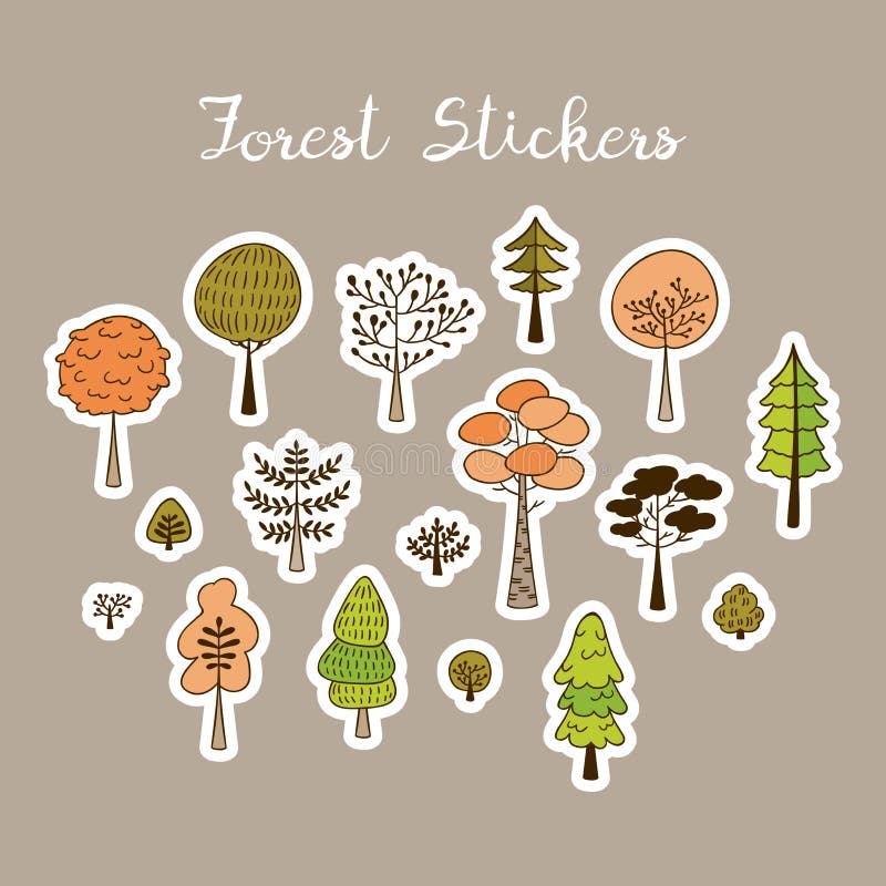 Forest Trees Vector Stickers. Botanic Elements for Labels and Tags ...
