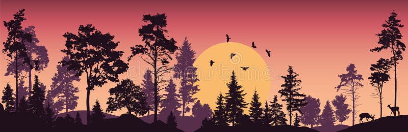 Forest Trees with Moon and Animals, and Birds, Sunset. Silhouettes ...