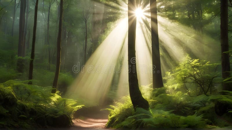 Forest Trees View with Sun Beams Stock Illustration - Illustration of ...
