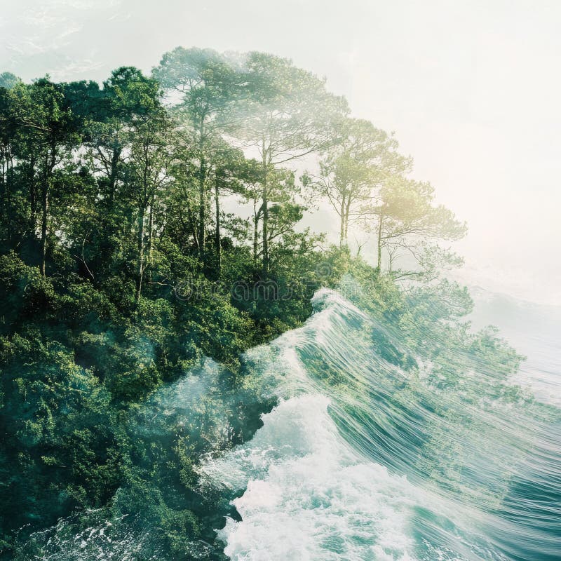 A Forest with Trees and a Wave in the Water Stock Illustration ...