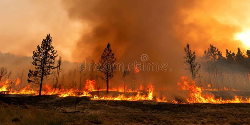Forest Under Siege: Intense Wildfire Engulfs Tall Pine Trees Amid Thick ...