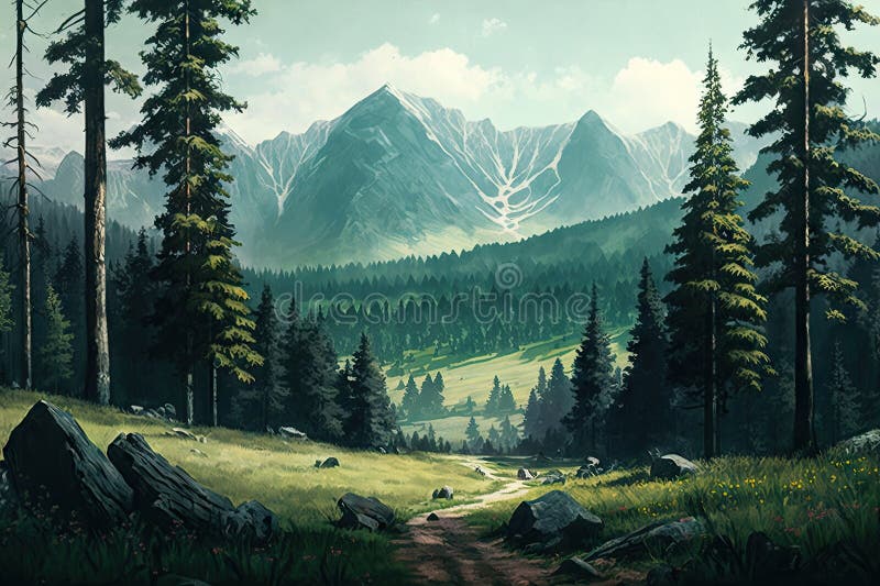 Forest, with View of Emerald Green Meadow and Distant Mountains in the ...