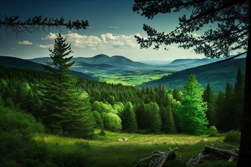 Forest, with View of Emerald Green Meadow and Distant Mountains in the ...
