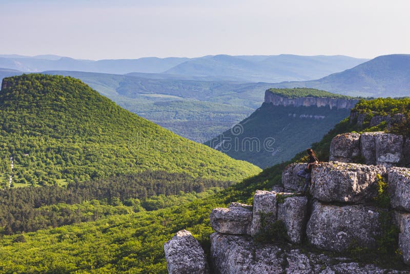 Forest View from the Mountain during Sunset with Girl on the Cliff ...