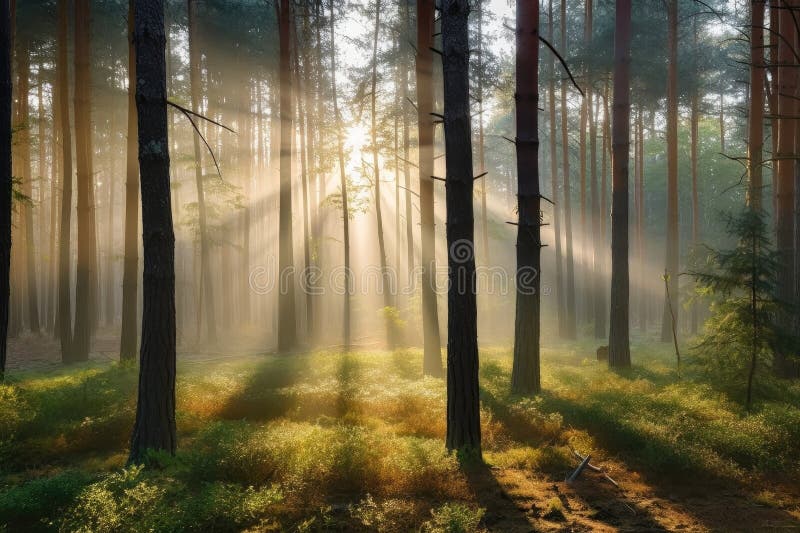 Forest with View of Sunrise, with Rays of Light Filtering through the ...