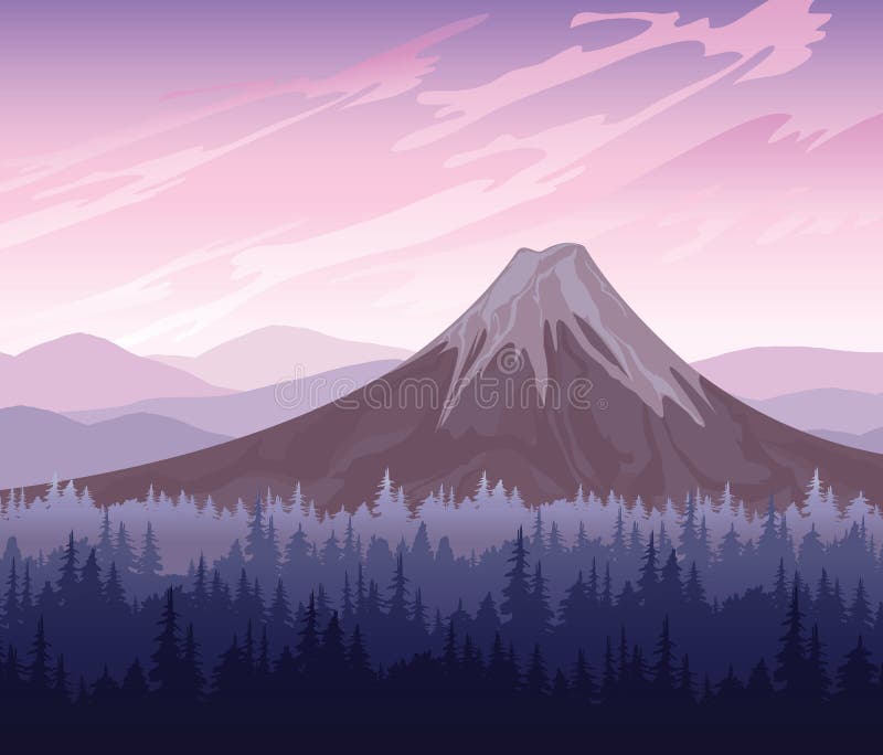 Forest and volcano stock illustration. Illustration of sunset - 22271802