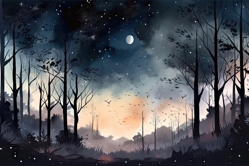 Forest Watercolor Scene with Fireflies, Stars and Moonlight Stock ...