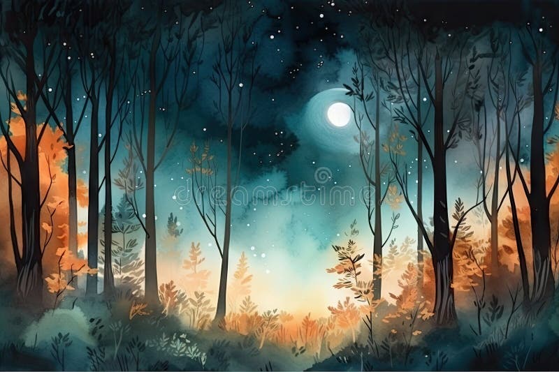 Forest Watercolor Scene with Fireflies, Stars and Moonlight Stock ...